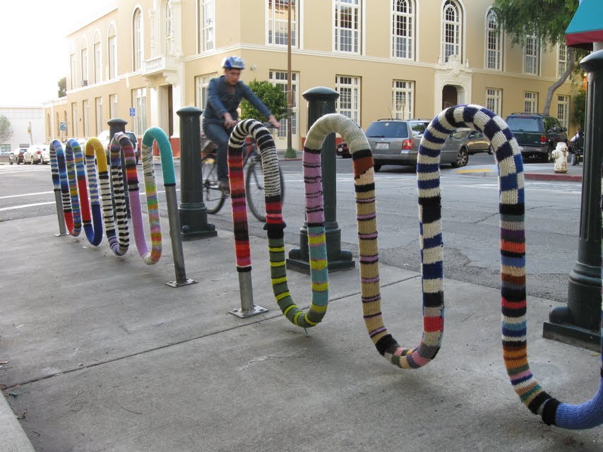 Eighty feet of knitting added to downtown bike racks